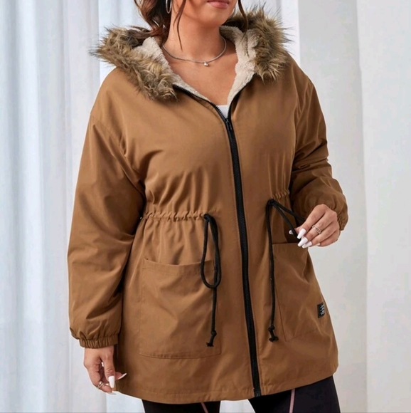 Jackets & Coats | New Plus Sz Drawstring Waist Fuzzy Trim Hooded Parka ...